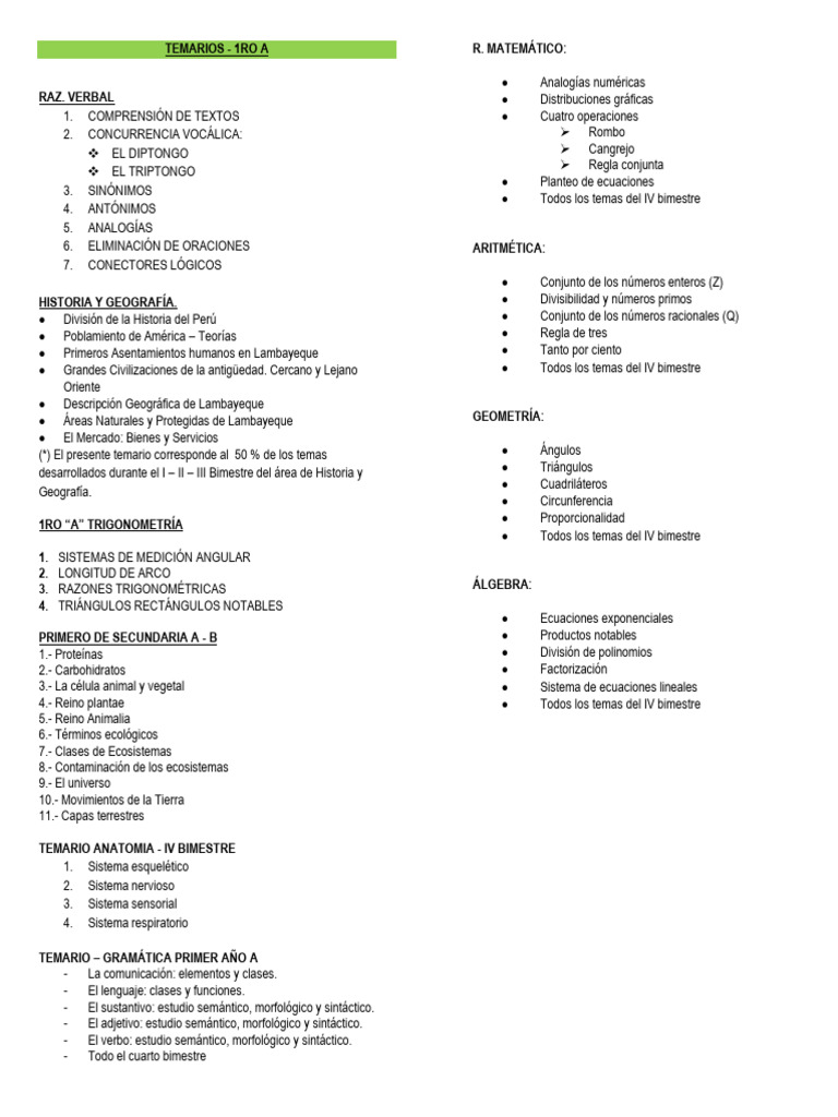 Temario Secundaria | PDF