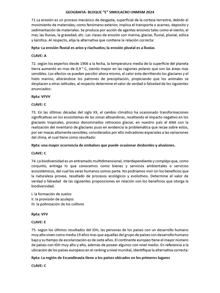 GEOGRAFIA Simulacro de Admision 2024 | Descargar gratis PDF | glaciar | Erosión