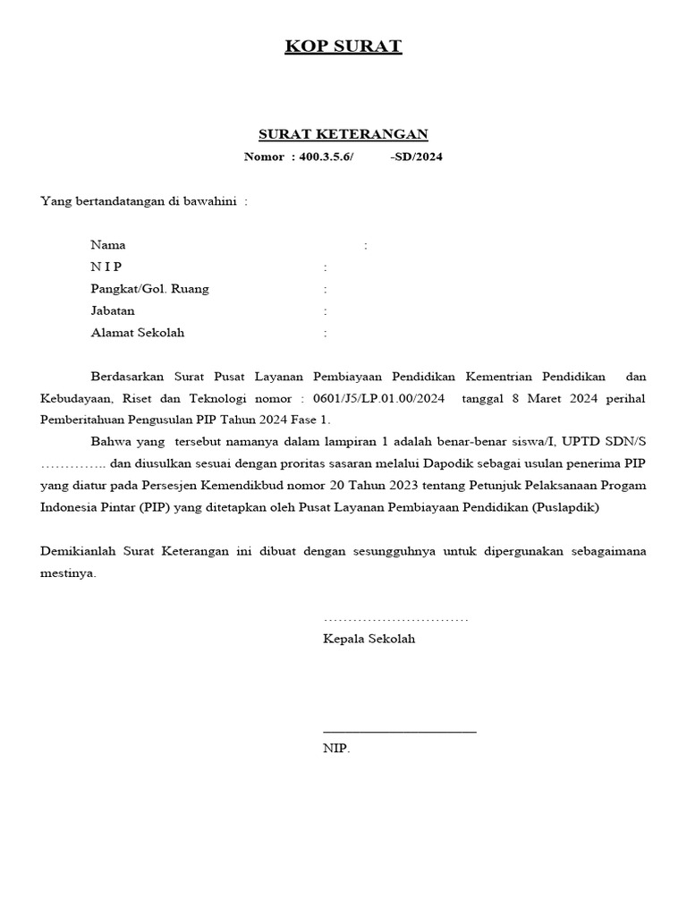 Surat Keterangan Usulan Fase 1 Layak SD PIP Tahun 2024 | PDF