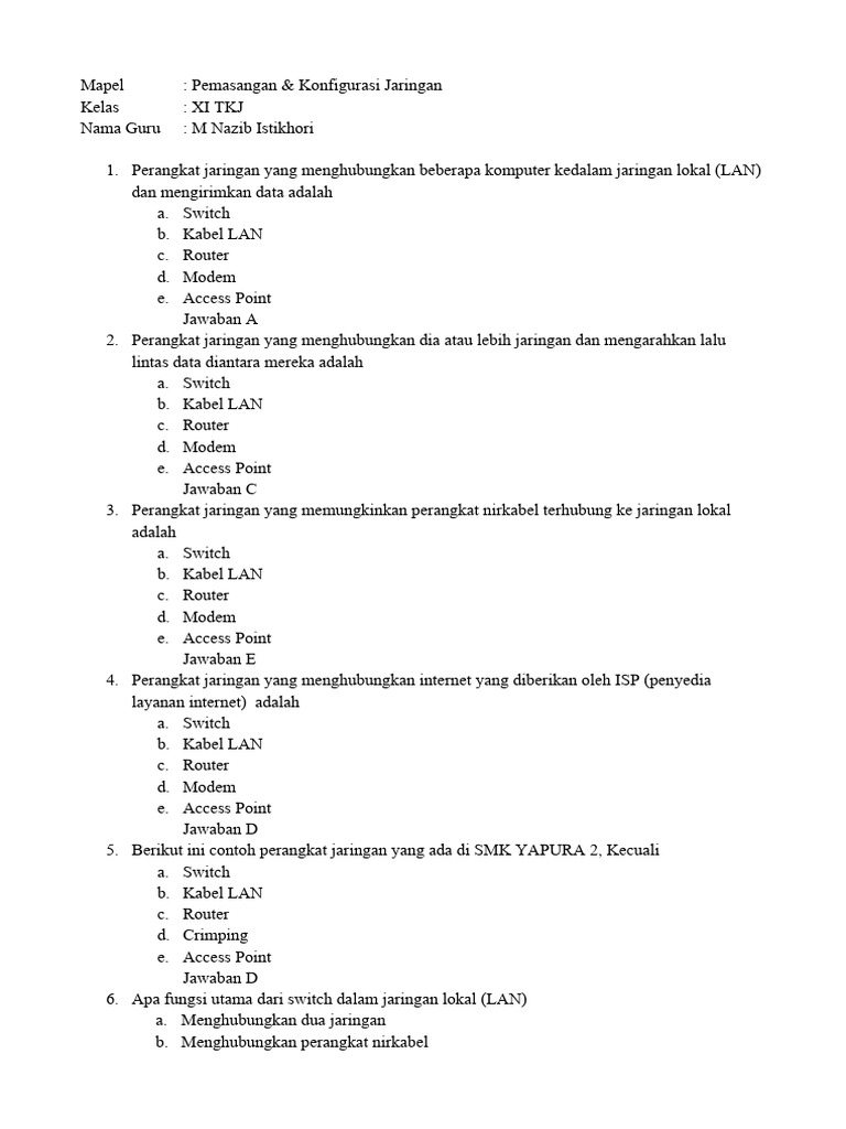 Soal Sas Pemasangan Dan Konfigurasi Jaringan Xi TKJ | PDF