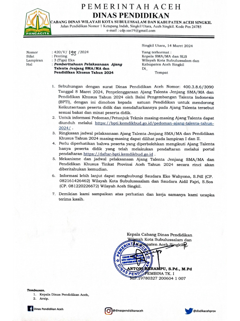 Surat Pemberitahuan Pelaksanaan Ajang Talenta Jenjang SMA - MA Dan SLB THN 2024 | PDF