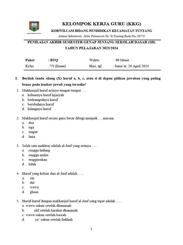 Naskah Soal Psaj BTQ KLS 6 | PDF | Seni & Disiplin Bahasa