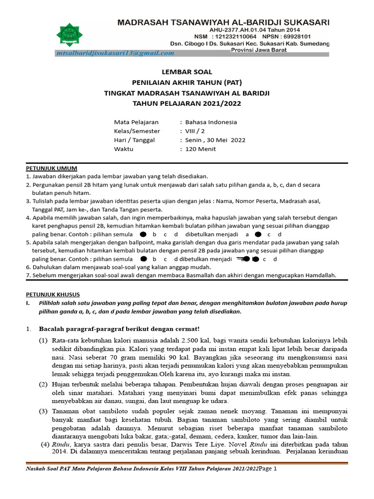 NASKAH SOAL PAT B.INDO Kelas 8 | PDF