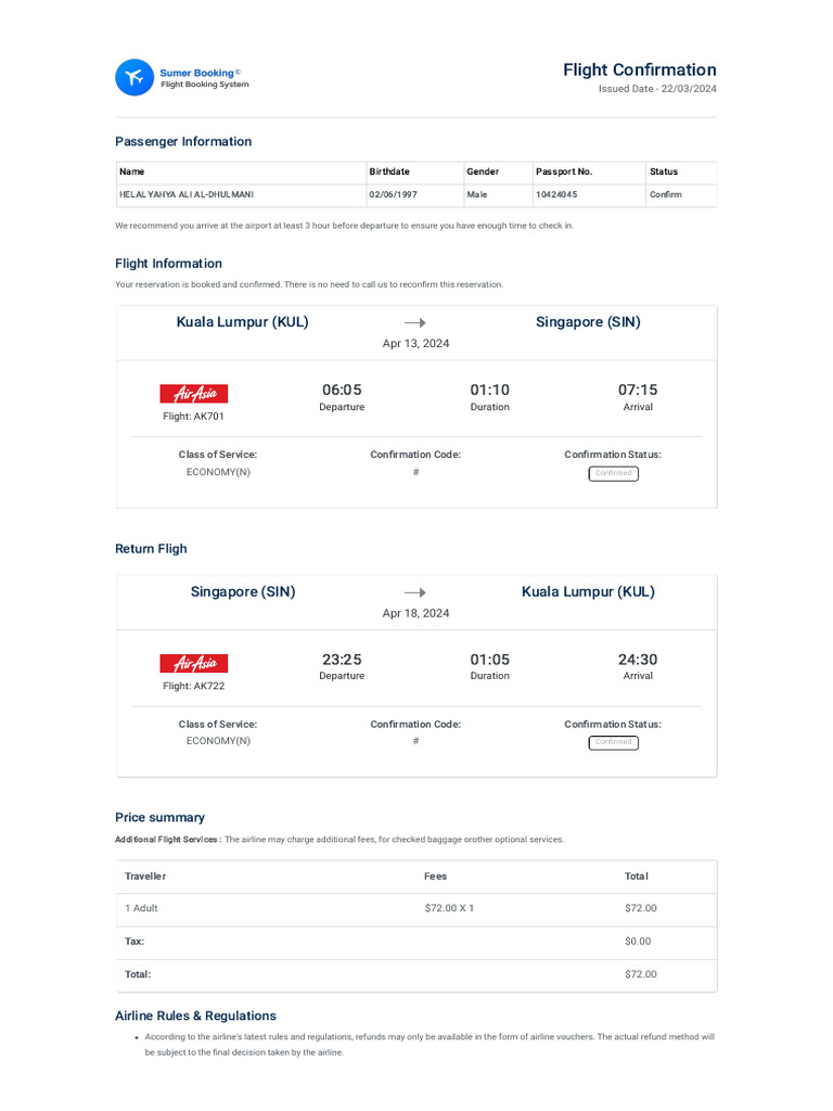 Flight Confirmation Singapore | PDF | Aviation