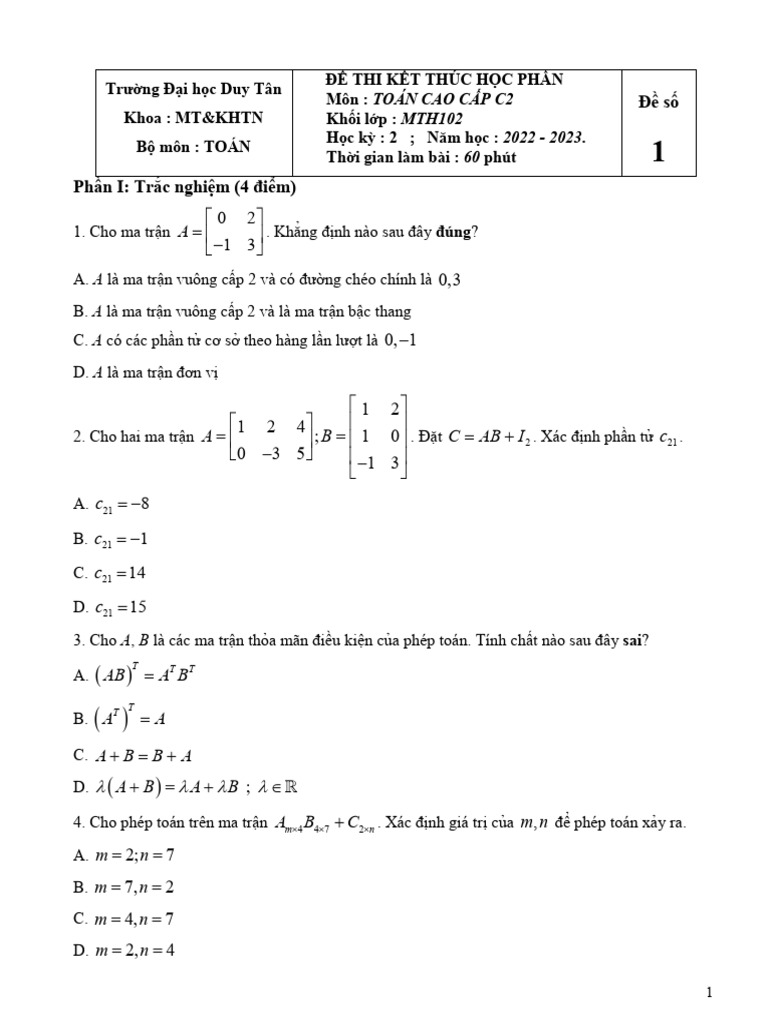 ĐỀ DAO MTH 102 | PDF