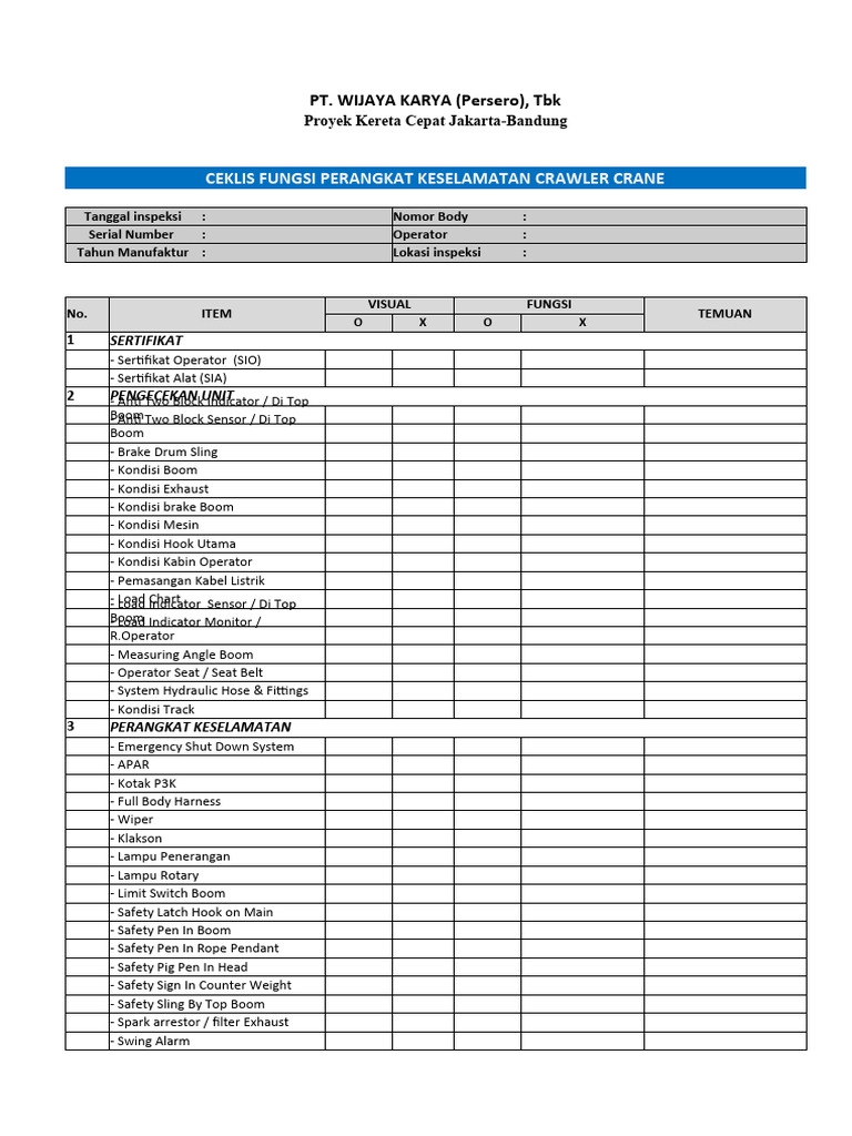 Form Inspeksi Crawler Crane Pdf