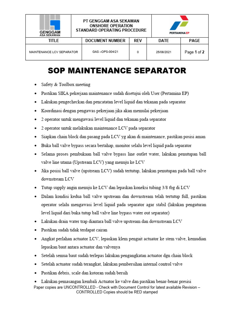 Sop Maintenance Separator1 | PDF