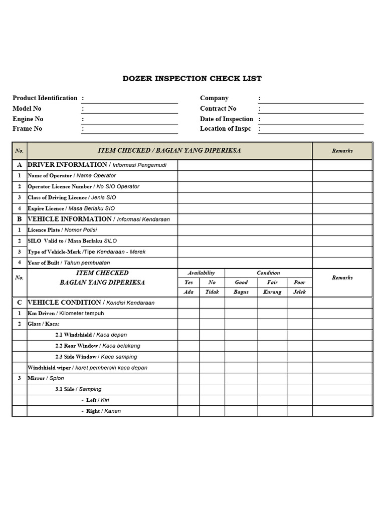 Form Inspeksi Dozzer | PDF
