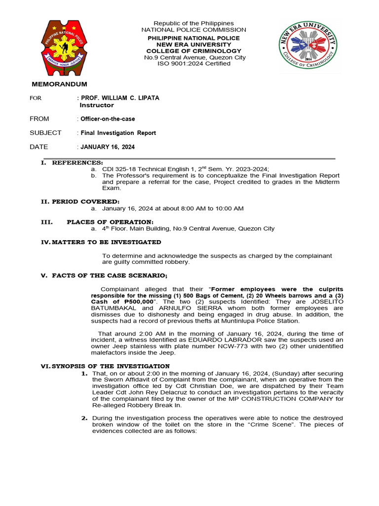 Case Scenario Made by NEU Students | PDF | Affidavit | Crime Scene