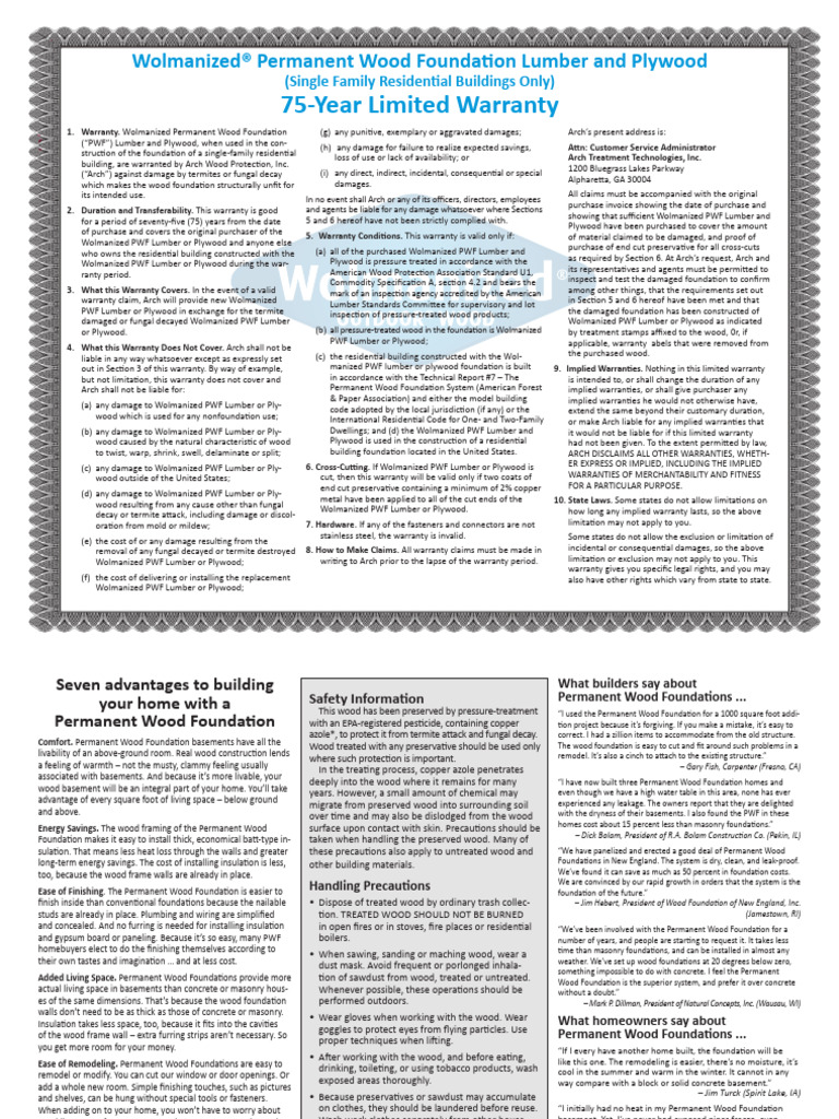 Warranty - Wolmanized PWF Outdoor Wood - 2018 | PDF | Basement | Lumber