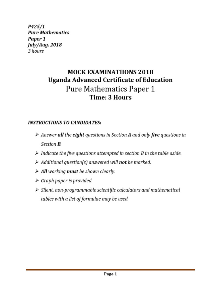 Pure Mathematics Paper 1: Mock Examinatiions 2018 Uganda Advanced ...