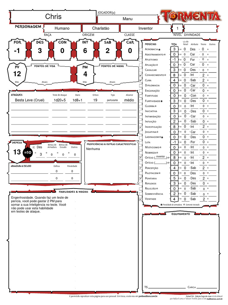 Chris Ficha lvl 1 | PDF