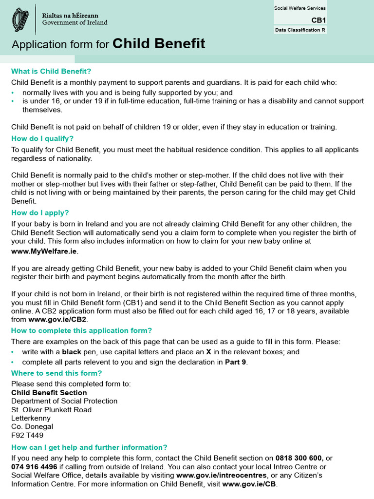 Child Benefit Application Guide Ireland | PDF | Welfare | Pension