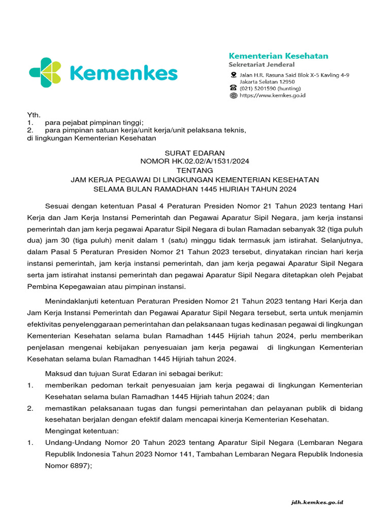 SE No. HK.02.02-A-1531-2024 TTG Jam Kerja Pegawai Di Lingkungan Kemenkes Selama Bulan Ramadhan ...