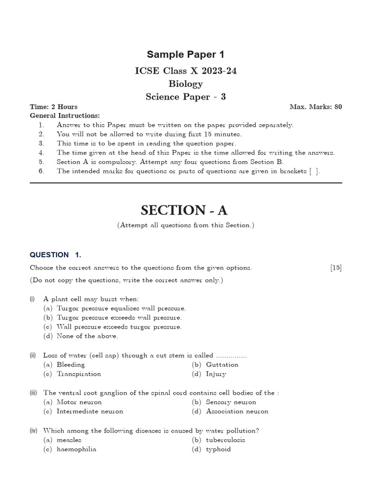 Section - A: Sample Paper 1 ICSE Class X 2023-24 Biology Science Paper ...