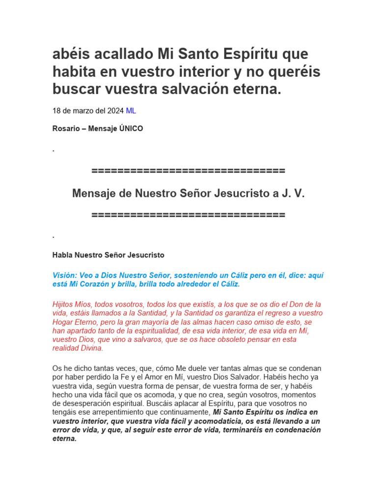Habeis Acallado Mi Santo Espíritu | PDF | Pecado | Dios
