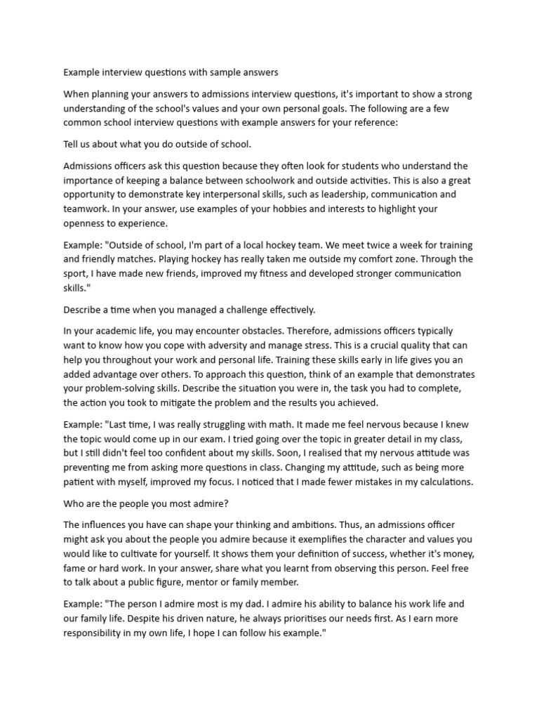 Example Interview Questions With Sample Answers | PDF | Homework | Science