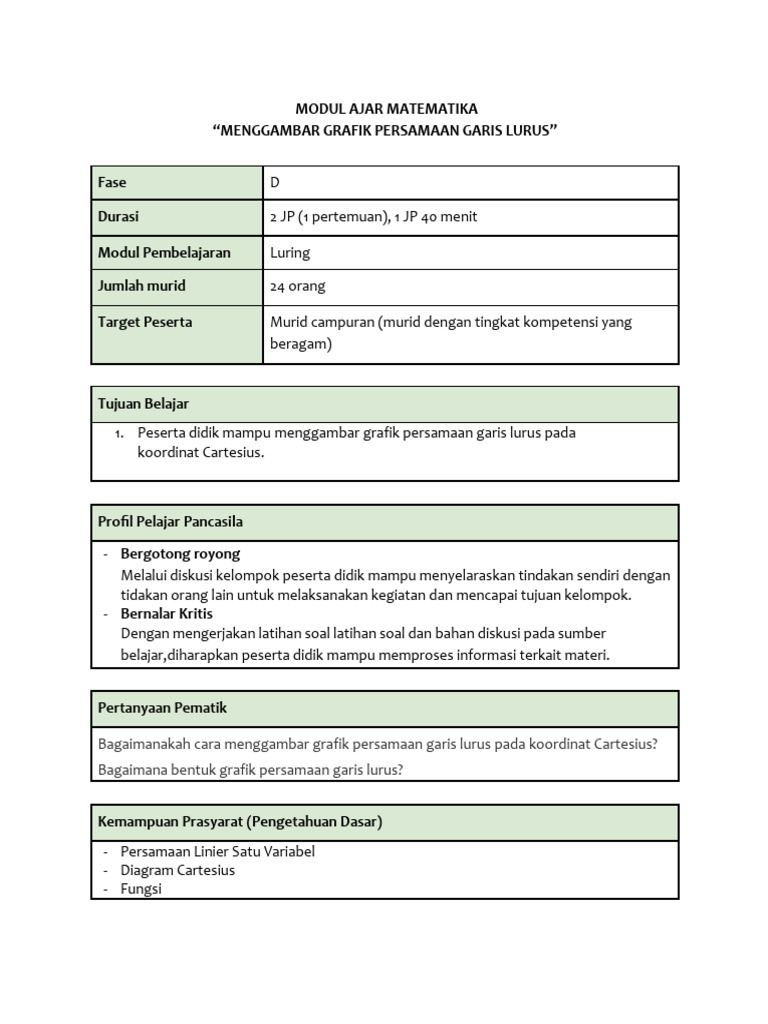 Modul Ajar Observasi Kelas Persamaan Garis Lurus | PDF