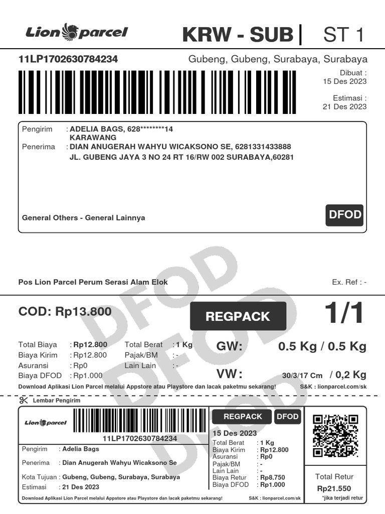 Resi Pengiriman Lion Parcel | PDF