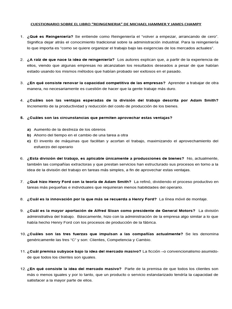 Cuestionario sobre Reingeniería de Hammer y Champy | PDF | Negocios