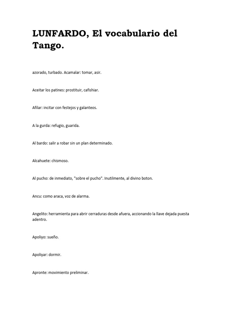 Vocabulario del Lunfardo en el Tango | PDF
