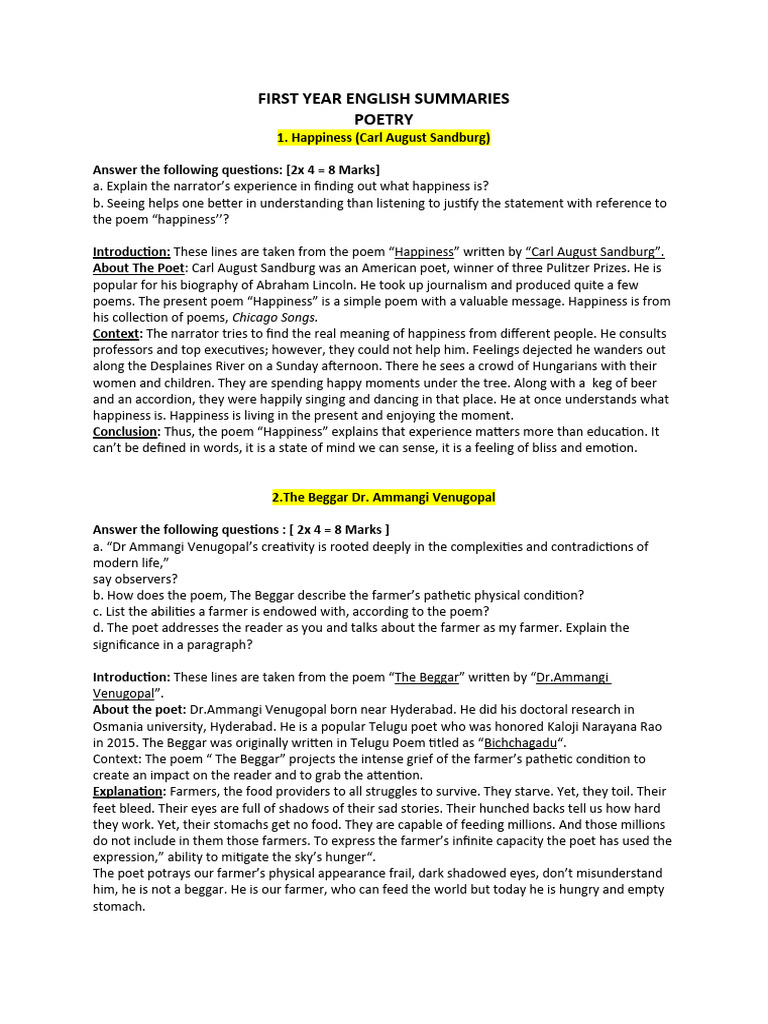 First Year English Summaries | PDF