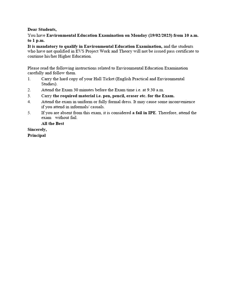 Instructions For Evs Exam | PDF | Art | Science & Mathematics