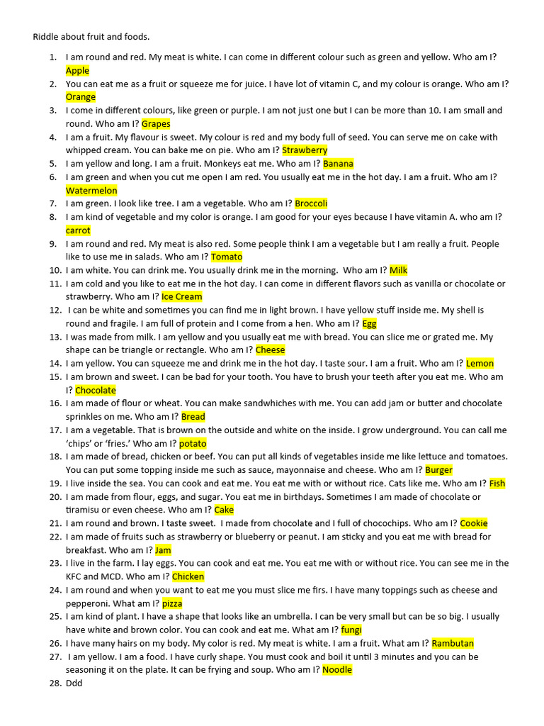 Riddle About Fruit and Foods | PDF