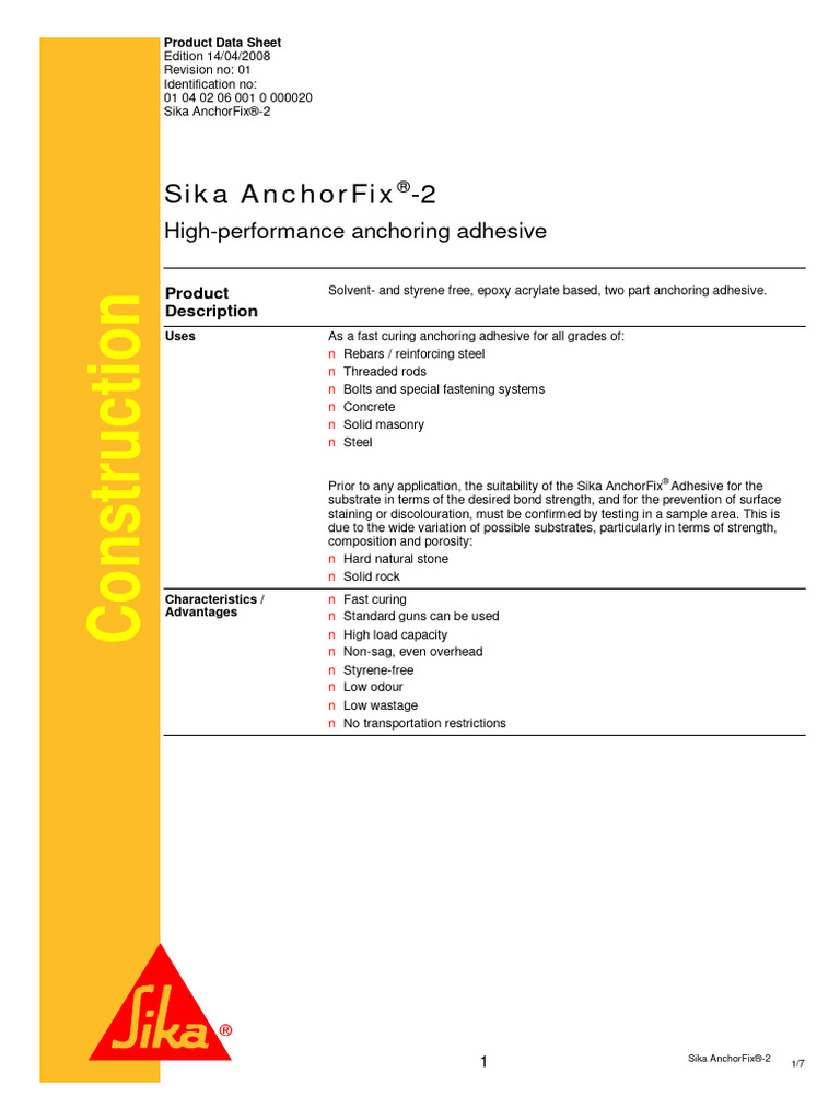 Sika Anchorfix - 2: High-Performance Anchoring Adhesive | PDF ...