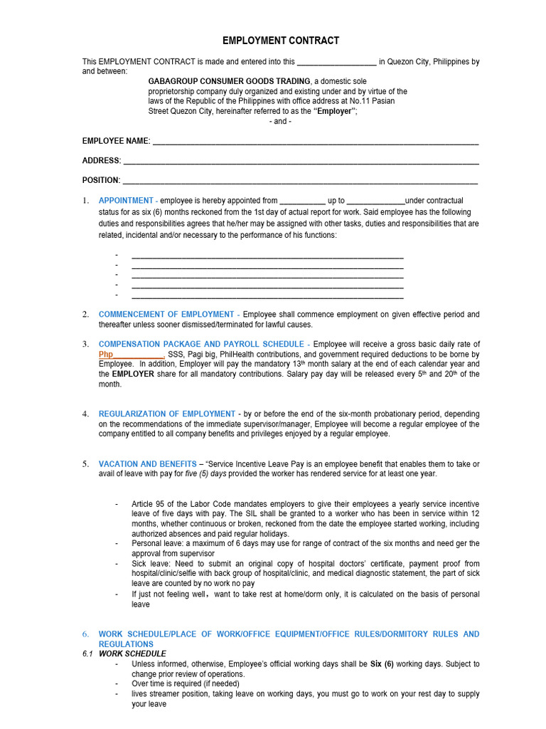 EMPLOYMENT CONTRACT - revised 2.0.03162024 | PDF | Employment | Sick Leave