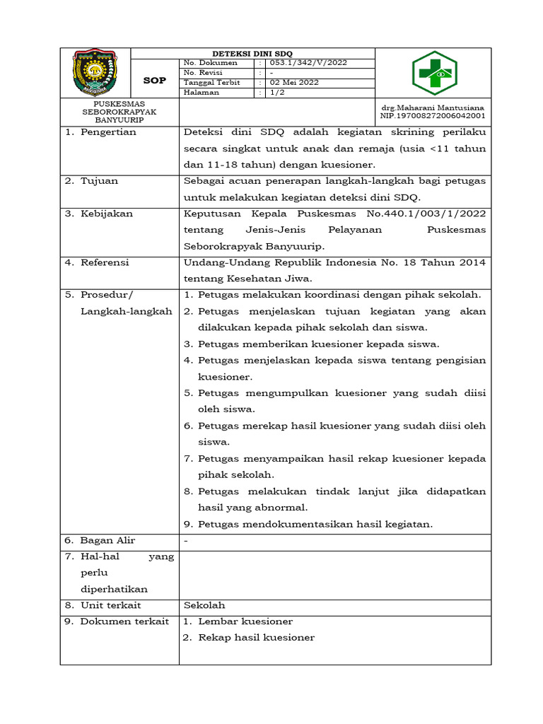 SOP DETEKSI DINI SDQ Fik | PDF