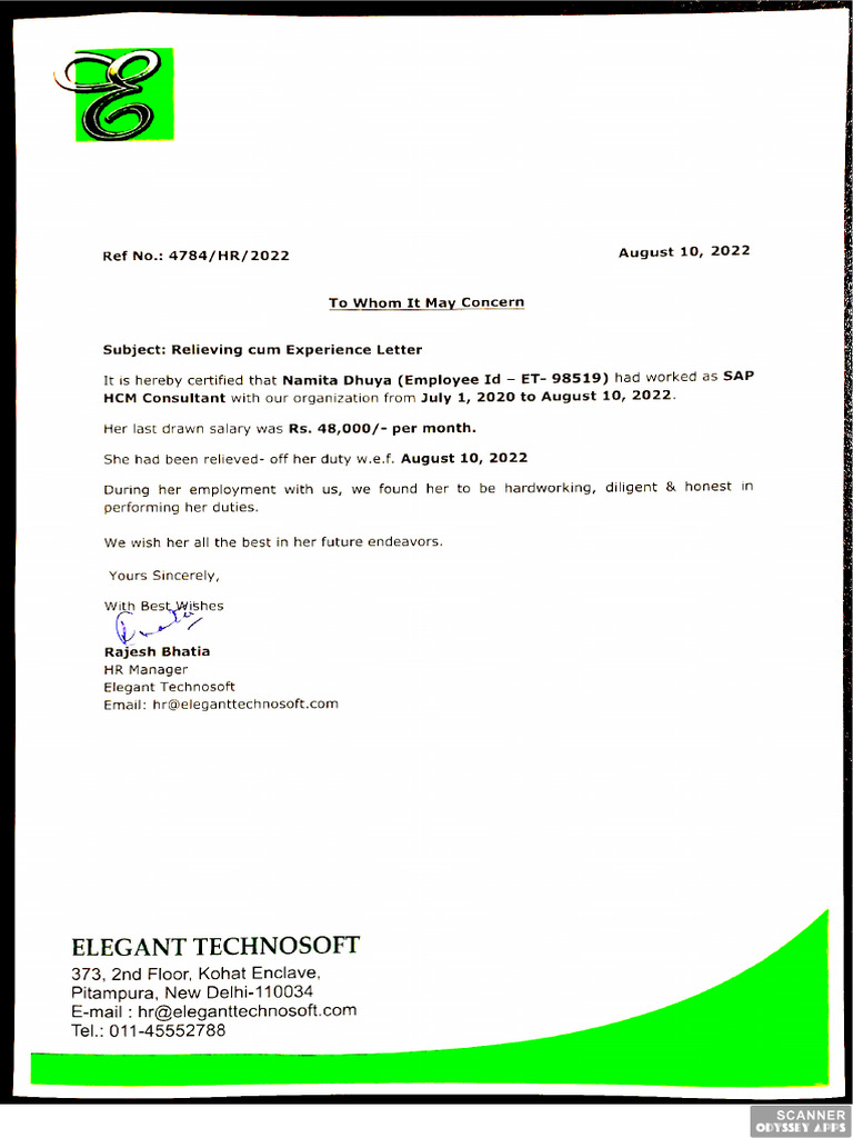 Relieving cum Experience Letter. | PDF