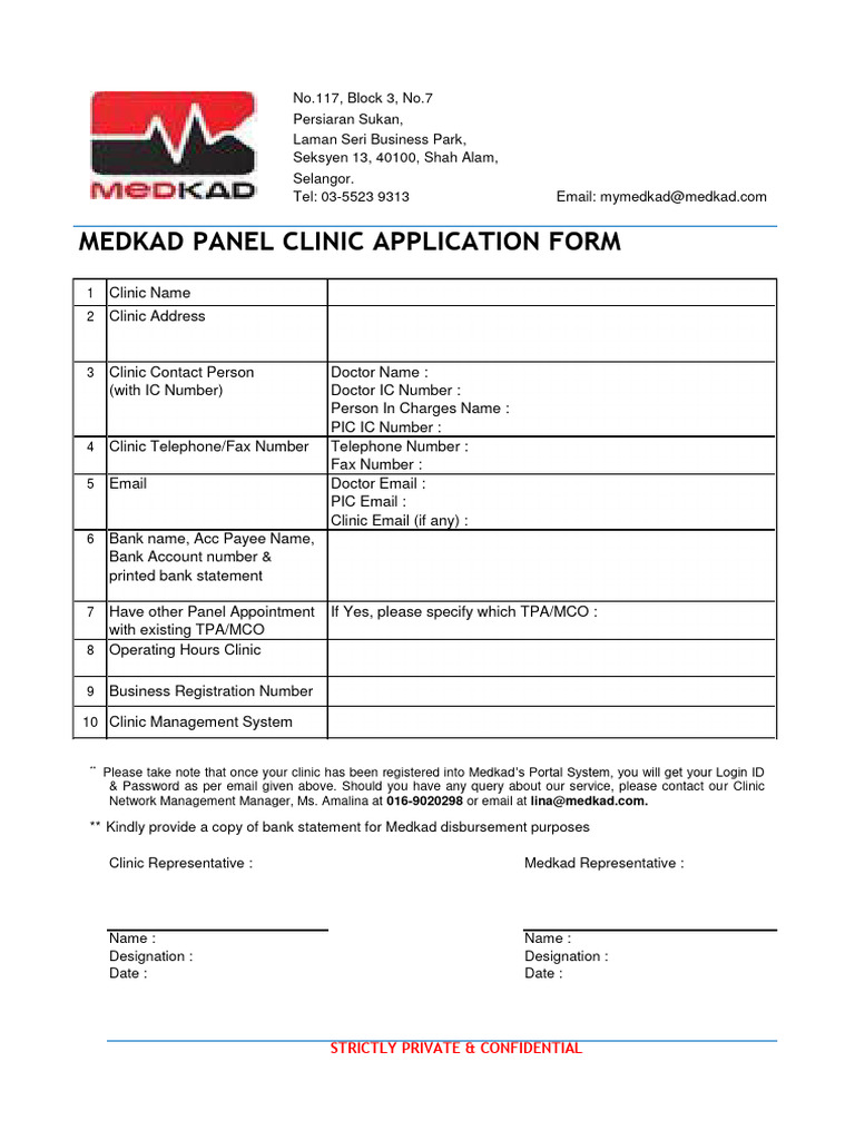 Medkad Panel Clinic Application Form. | PDF