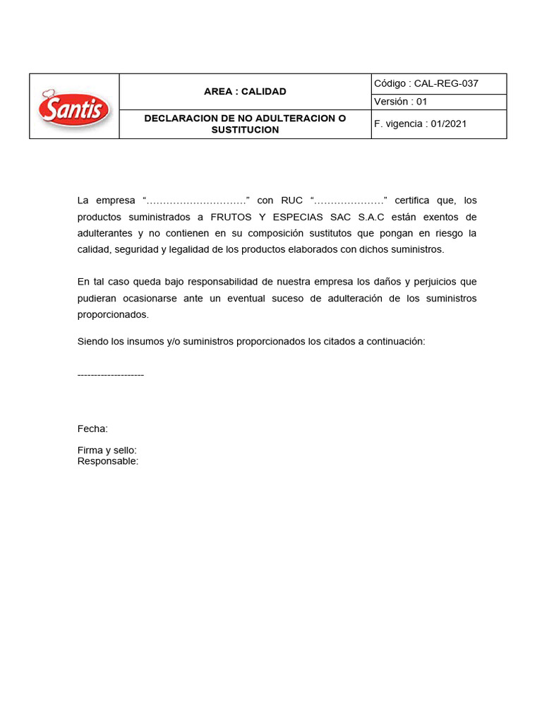 CAL-REG-037 Declaracion jurada de no adulteracion o sustitucion | PDF