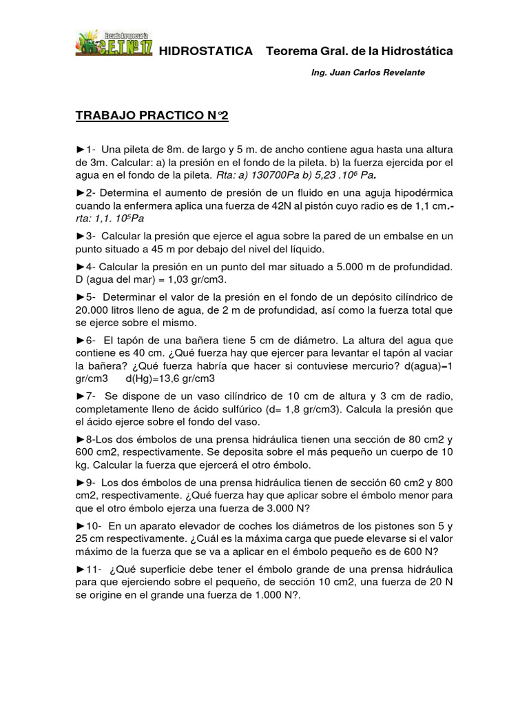Trabajo Práctico N°2 Teorema Gral. de La Hidrostatica | PDF