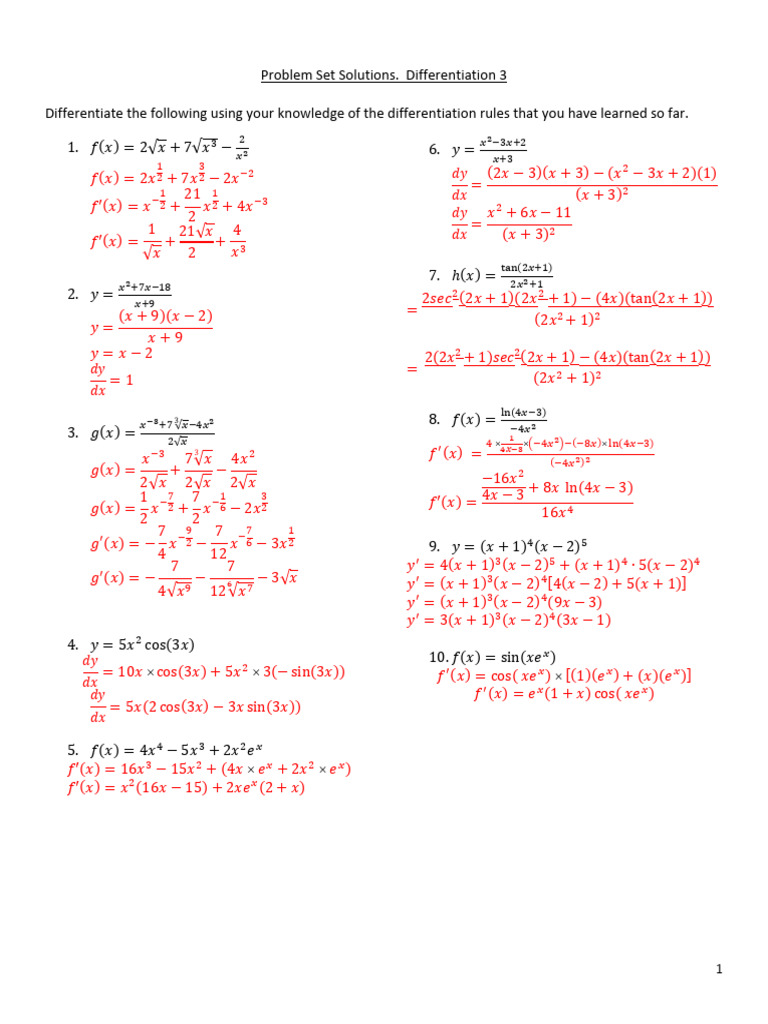 Differentiation Problem Solutions | PDF | Mathematical Analysis | Mathematical Relations