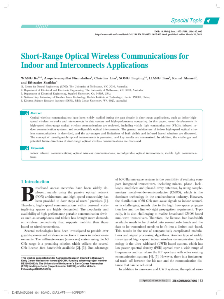 Short Range Optical Wireless Communications For Indoor and ...
