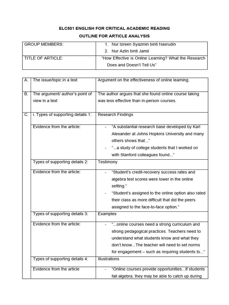 Outline - Article Analysis | PDF | Educational Technology | Learning