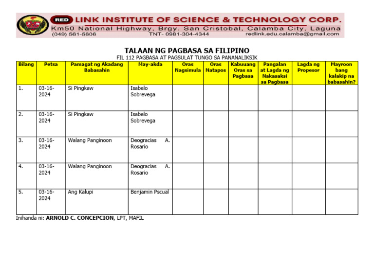 Talaan NG Pagbasa Sa Filipino Na May Nakatakdang Babasahin 1 | PDF