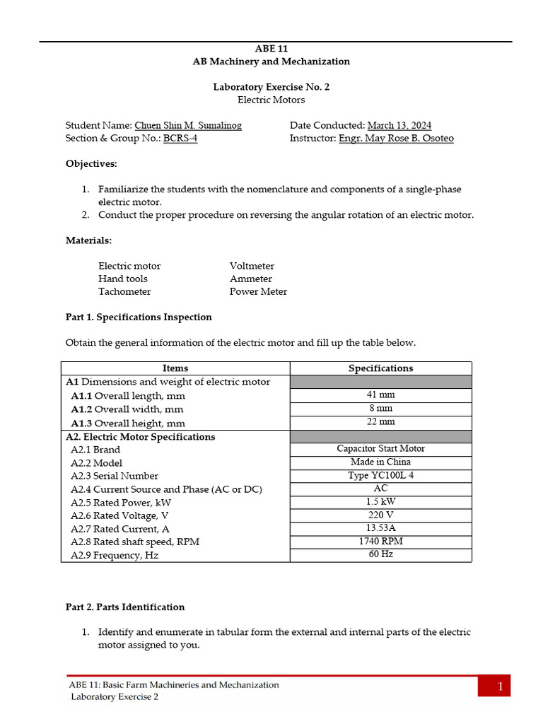 ABE 11 Laboratory Exercise 2 Electric Motors | Download Free PDF | Electric Motor | Electrical ...