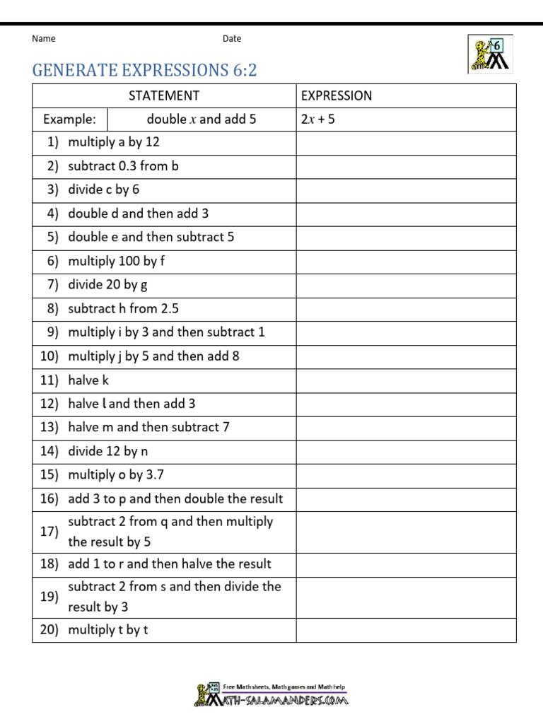 6th Grade Generate Expressions 2 | PDF