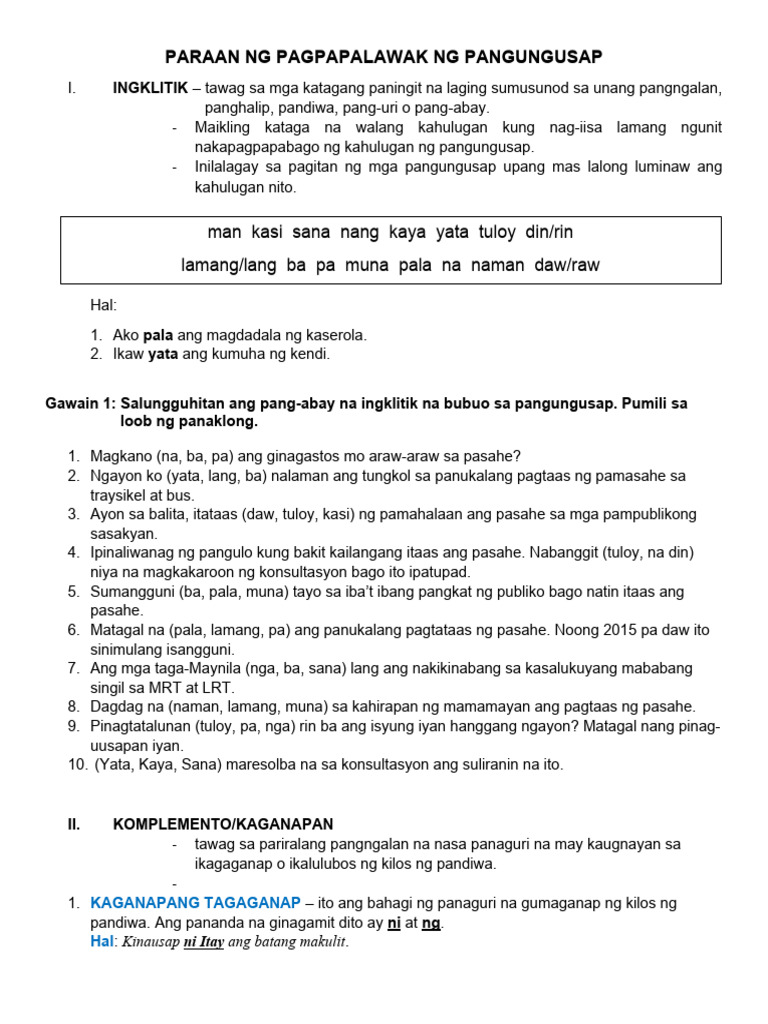 Activity Sheet PARAAN NG PAGPAPALAWAK NG PANGUNGUSAP | PDF
