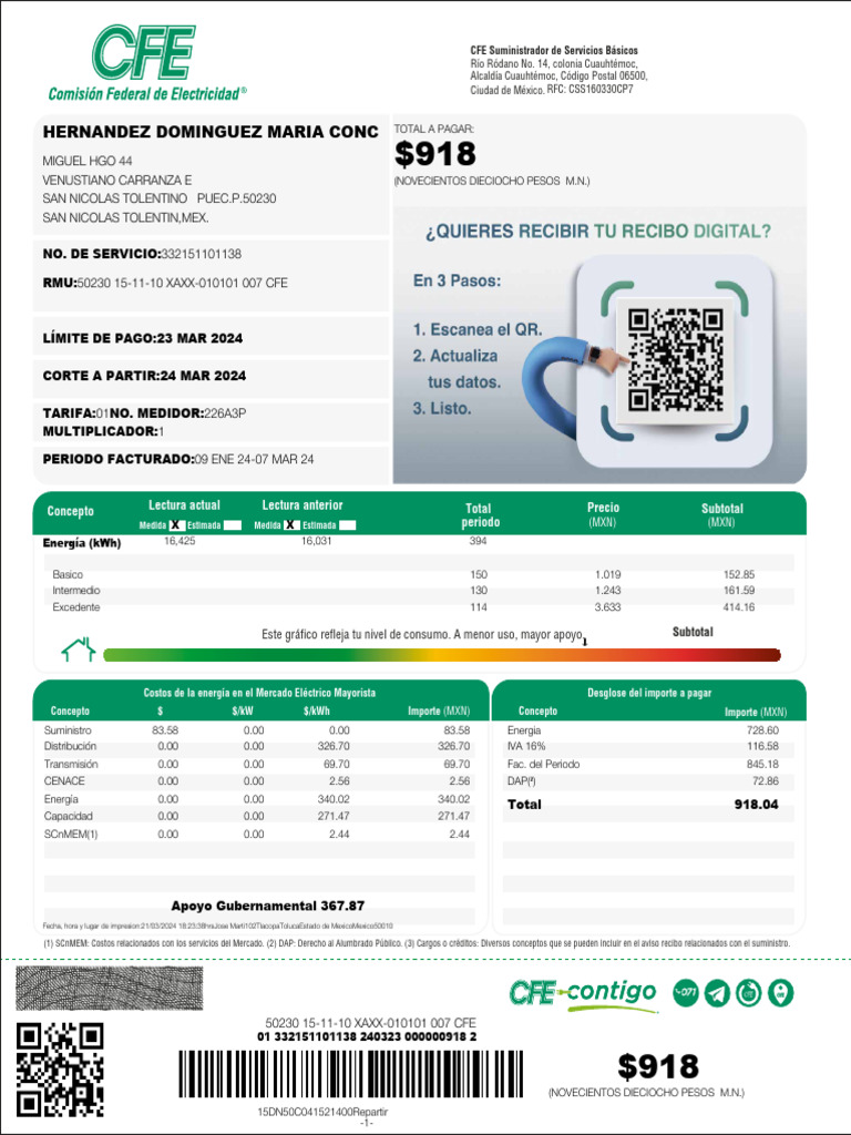Hernandez Dominguez Maria Conc: Concepto Periodo Subtotal Lectura ...
