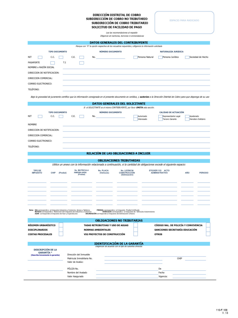 110-F.109 - 13 Solicitud Facilidad de Pago | PDF | Póliza de seguros | Documento de identidad