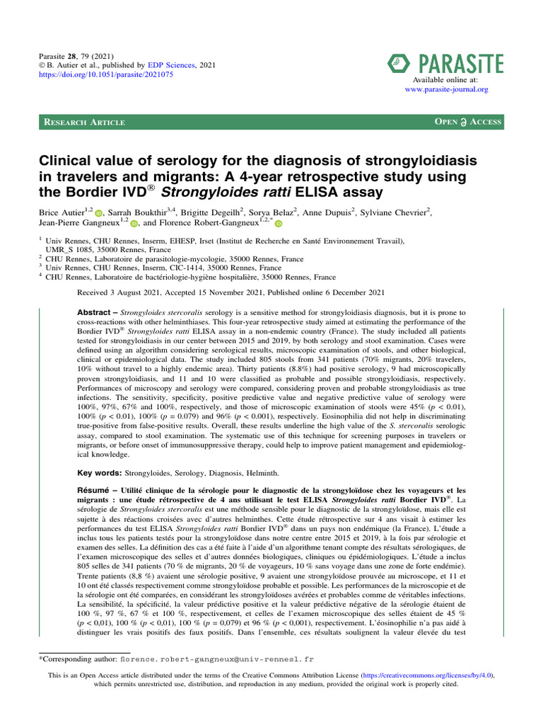 Clinical Value of Serology For The Diagnosis of Strongyloidiasis in ...