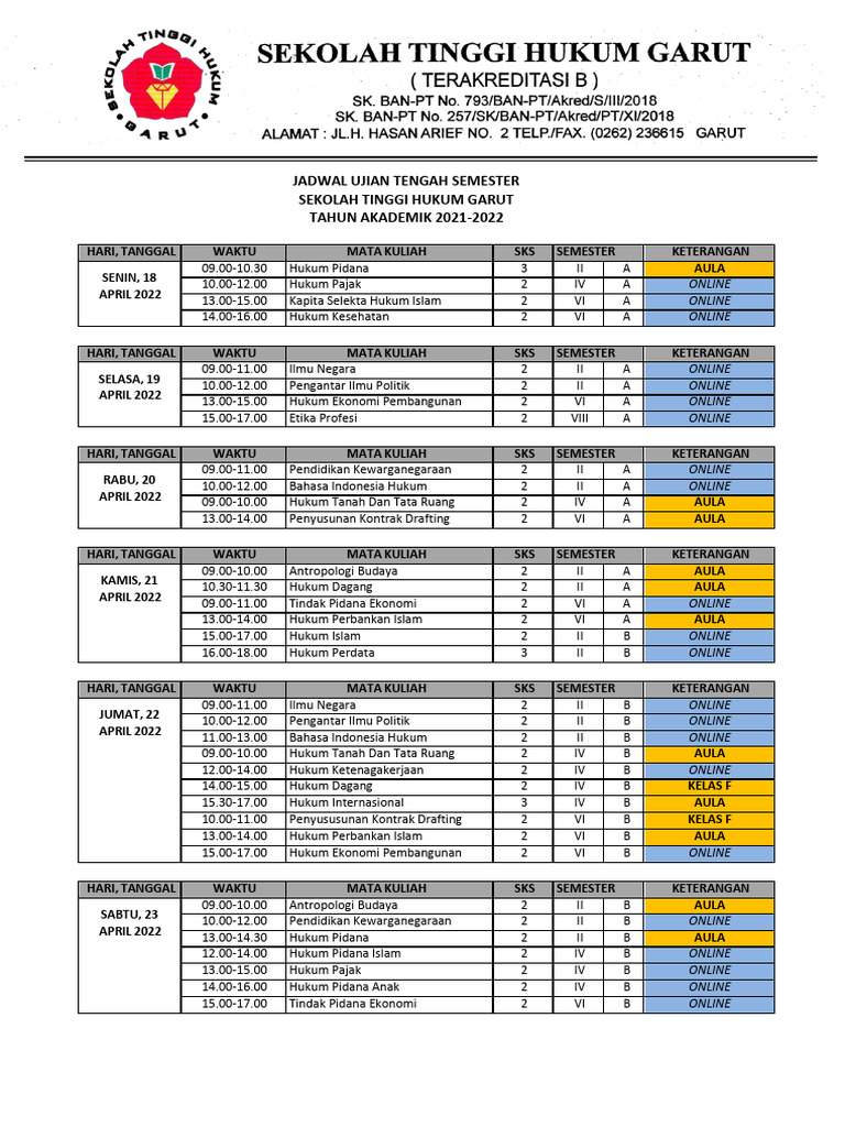 JADWAL UJIAN TENGAH SEMESTER GENAP 2021-2022 (Edit) | PDF