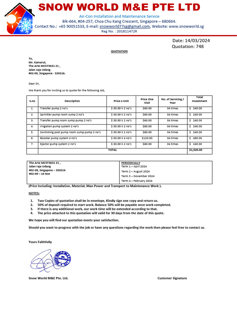 Quotation 748 The Arte MCST3631 21 Jalan Raja Udang #02-09 Singapore ...