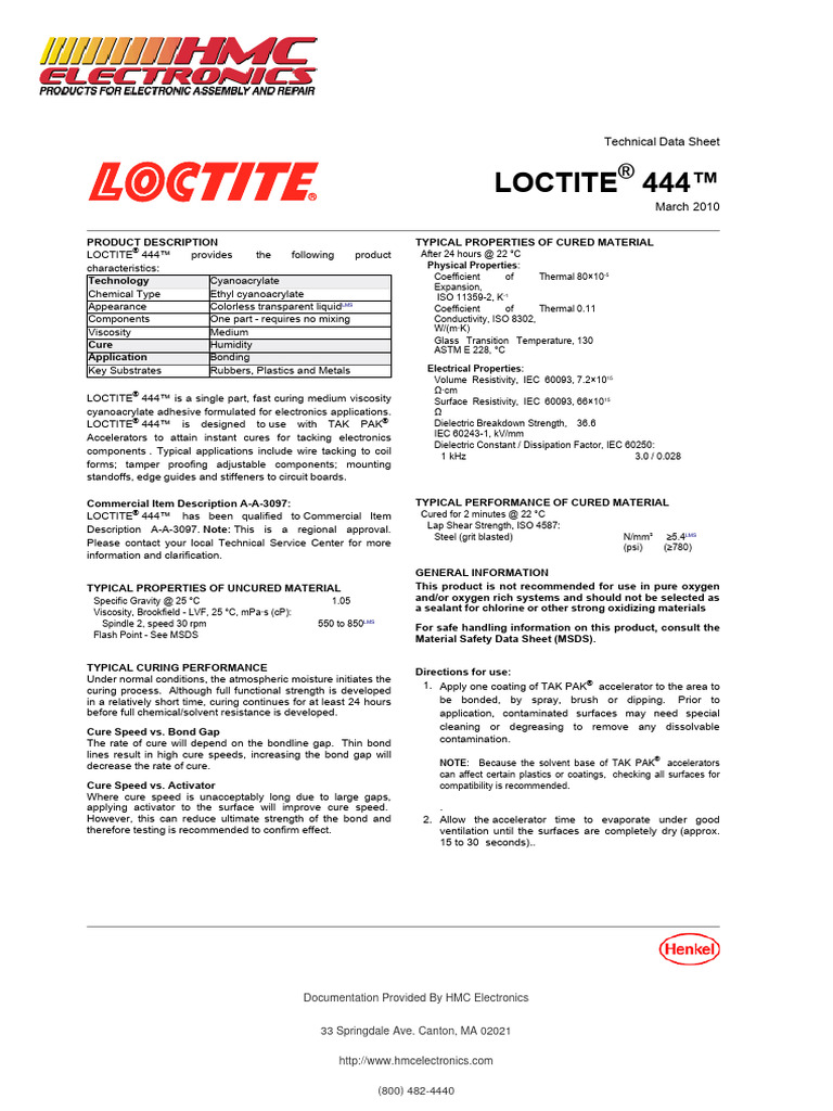 HMC Loctite 444 | PDF | Electrical Resistivity And Conductivity | Viscosity