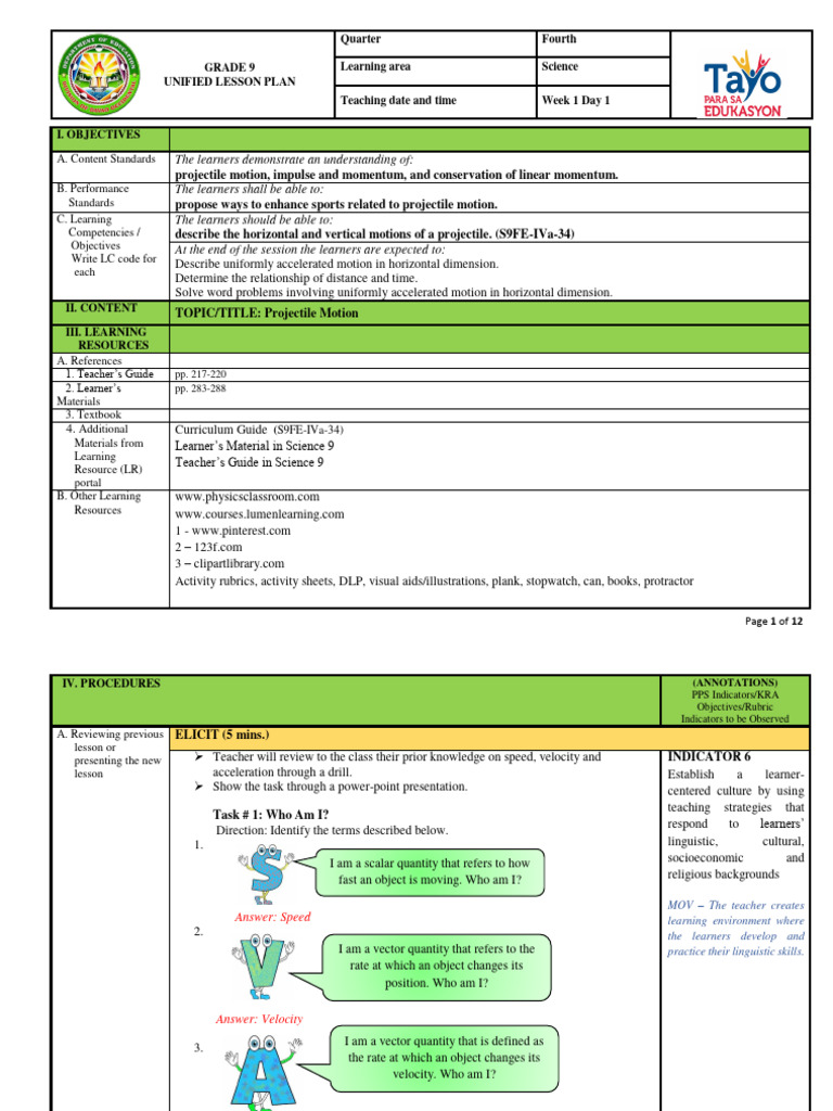 Grade 9 4TH Quarter Week 1 Day 1 | PDF | Learning | Velocity