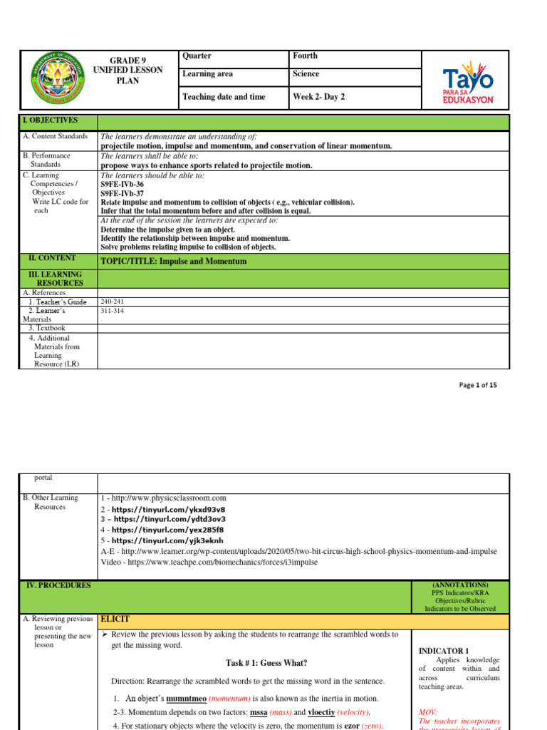 Grade 9 4th Quarter Week 2 Day 2 | PDF | Collision | Momentum